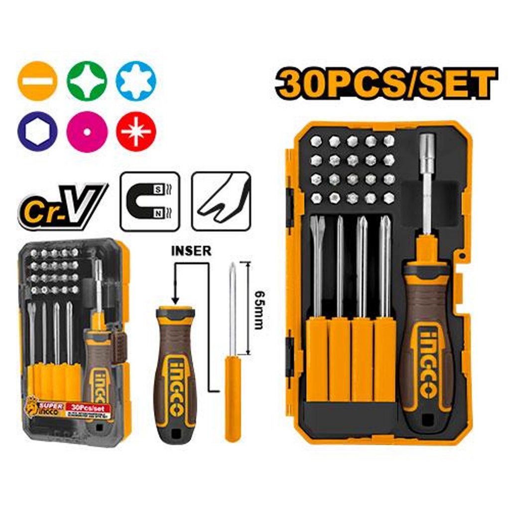 INGCO 30pcs Interchangeable Screwdriver and Bits Set Cr-V Steel with ...