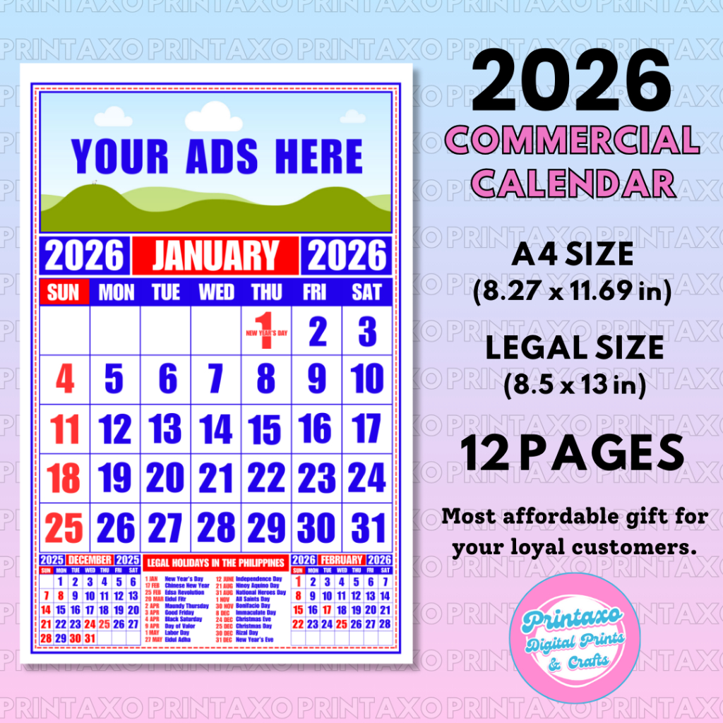 2026 PERSONALIZED COMMERCIAL CALENDARS FOR BUSINESS A4/LEGAL SIZE ...