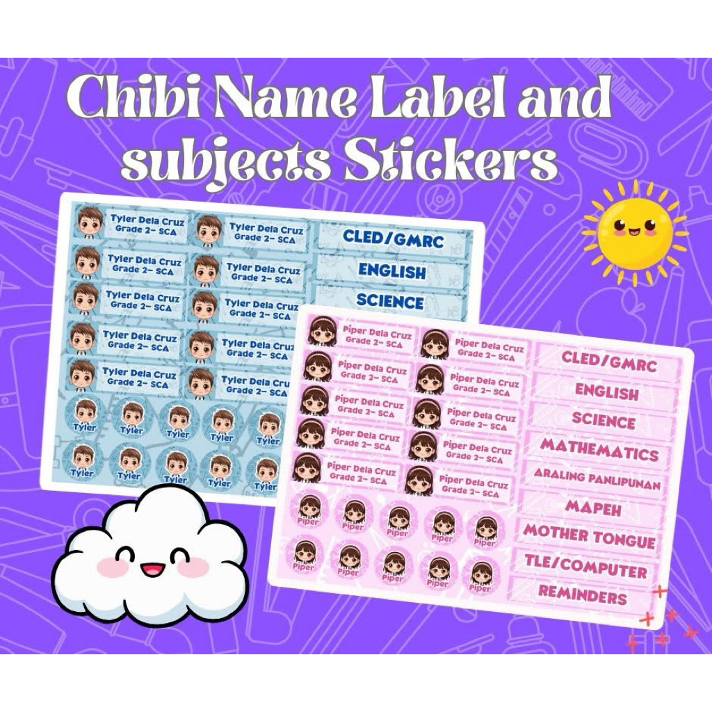 Chibi name ans subject label stickers/bag tag/name plate/button pins ...