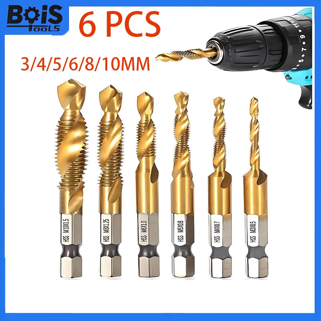 6 PCS Tap Drill Titanium Plated Hex Shank HSS Screw Thread Metric Tap ...