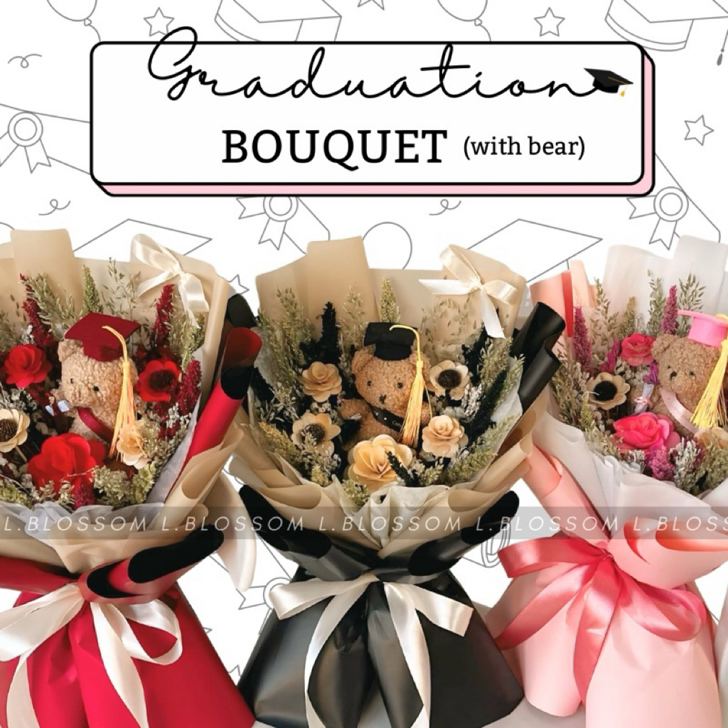 GRADUATION BOUQUET w/ Bear / Dried Flower Bouquet for Graduation ...