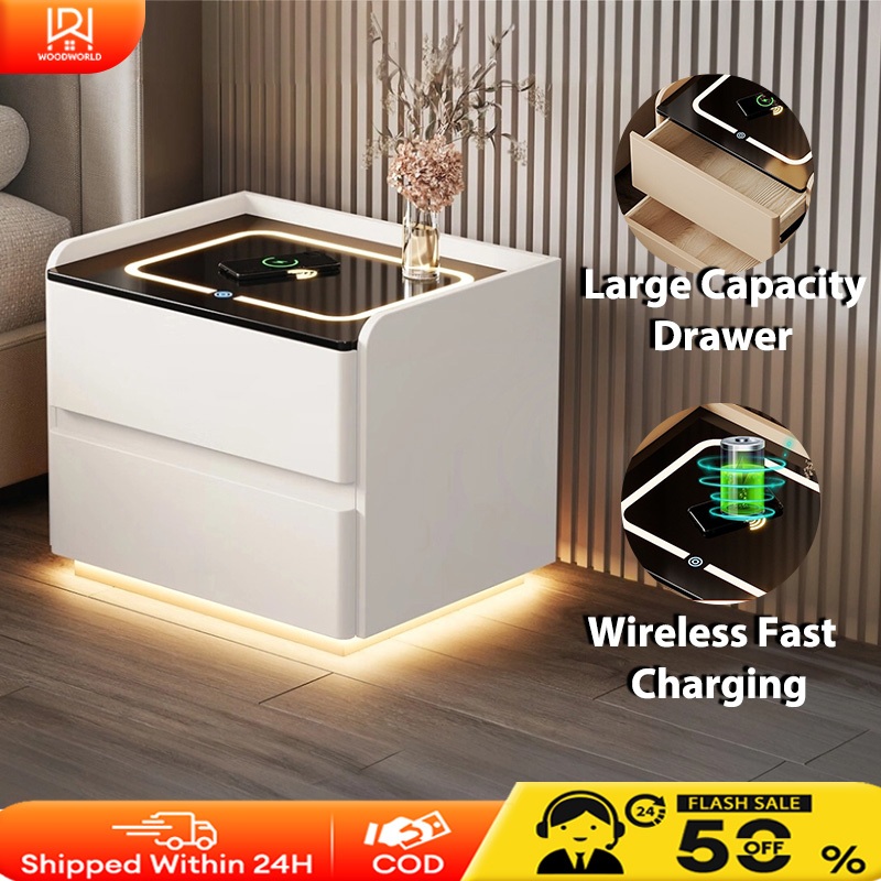 Smart bedside table with smart sensor light, wireless charging, three ...