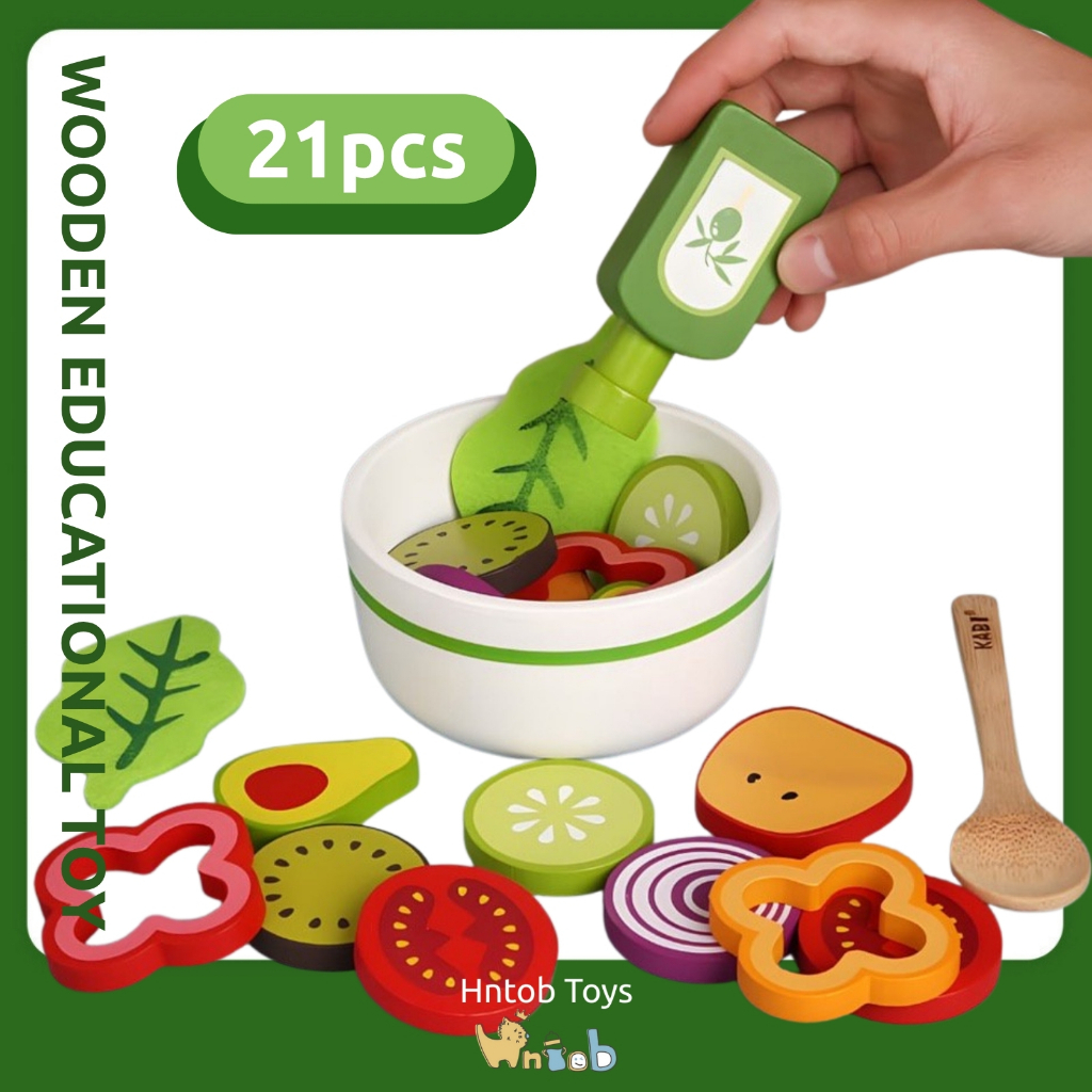 Hntob 21pcs Wooden Fruit Vegetable Salad Set Learning Resources Play ...