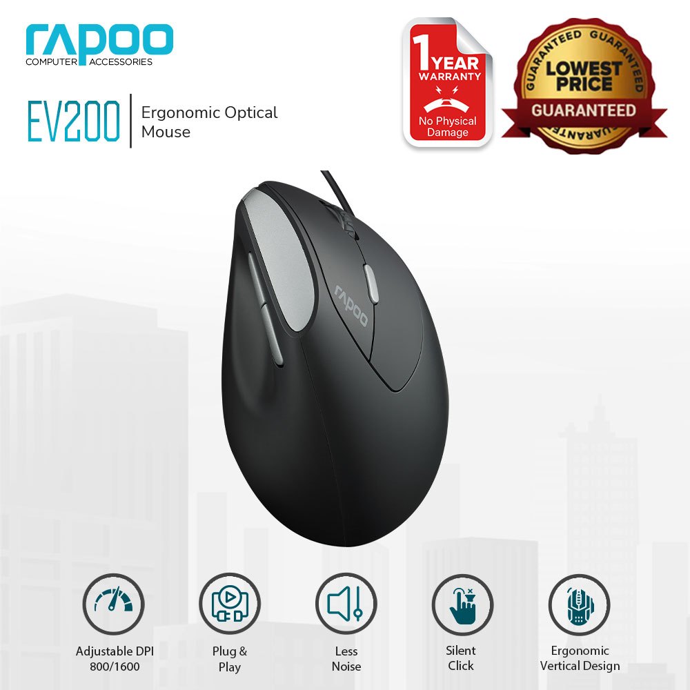 Rapoo EV200 Silent Vertical Optical Wired Mouse Ergonomic Design 6 Buttons 4 DPI Levels | Shopee ...