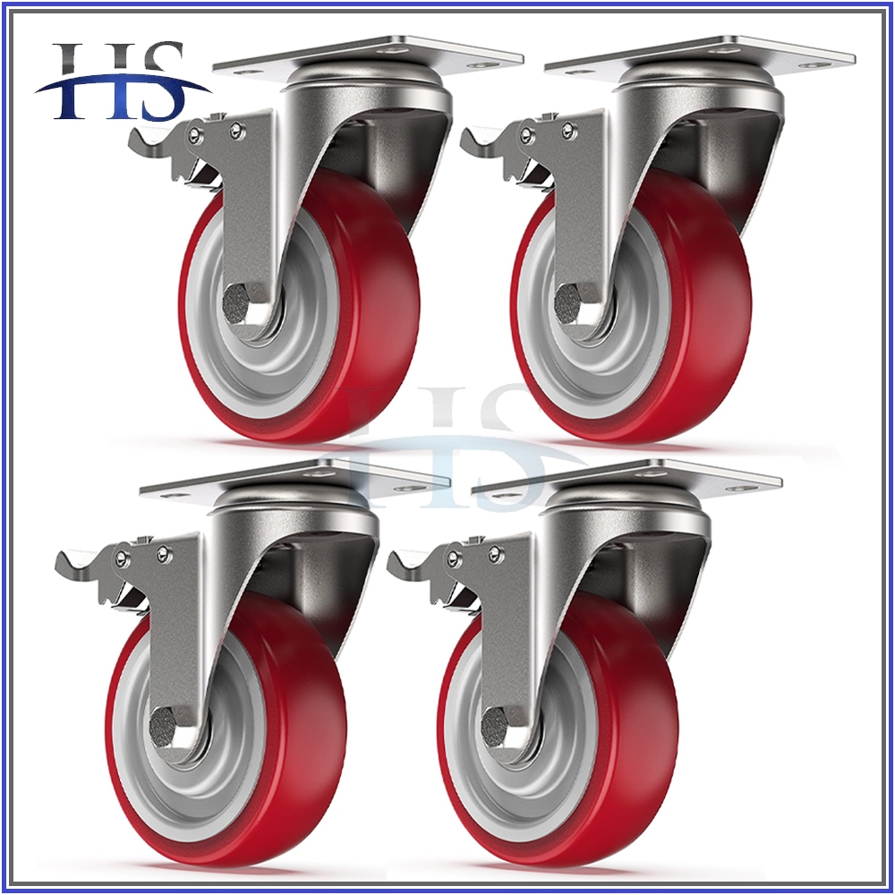 (4PCS) 3'' To 5'' Pu Red Caster Wheels Heavy Duty Fixed / Swivel ...