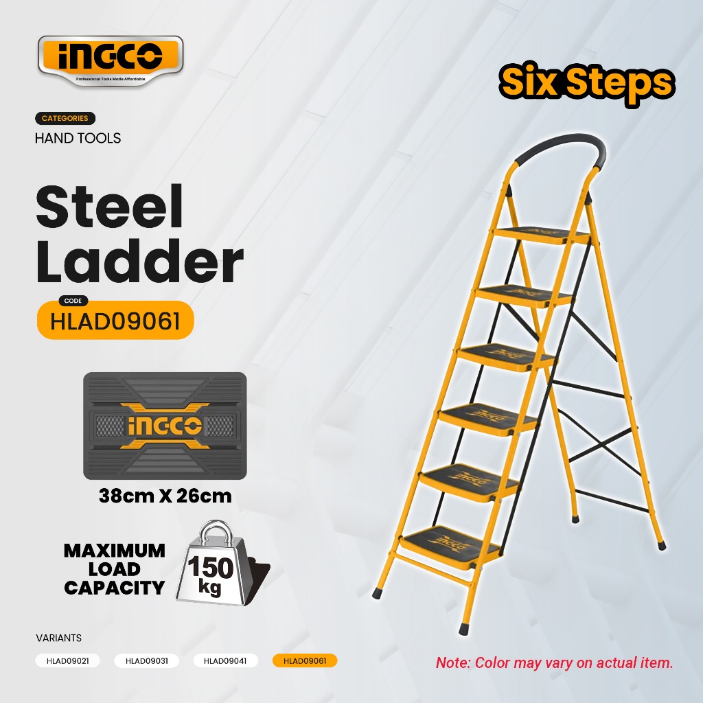 Ingco 6 Steps Steel Ladder 150kg Capacity Anti-Slip w/ Wide Platform ...