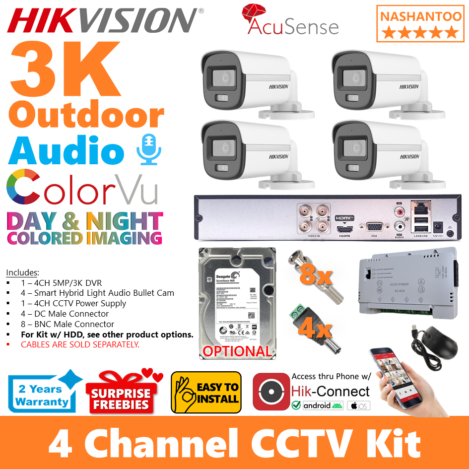 Hikvision 4CH 3K/5MP 4Camera Audio ColorVu AcuSense DIY CCTV Package ...