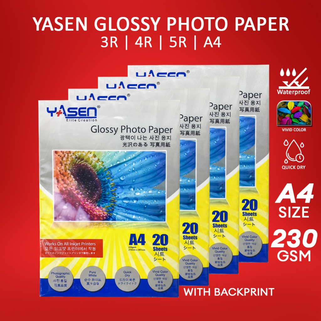 Yasen Glossy Photo Paper A4 | 5R | 4R | 3R with Back Print 230GSM ...