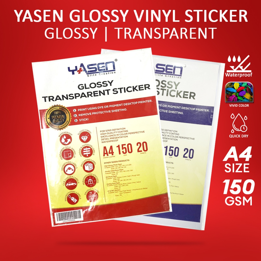 Yasen A4 Vinyl Sticker Glossy Pearl & Transparent High Quality Label ...