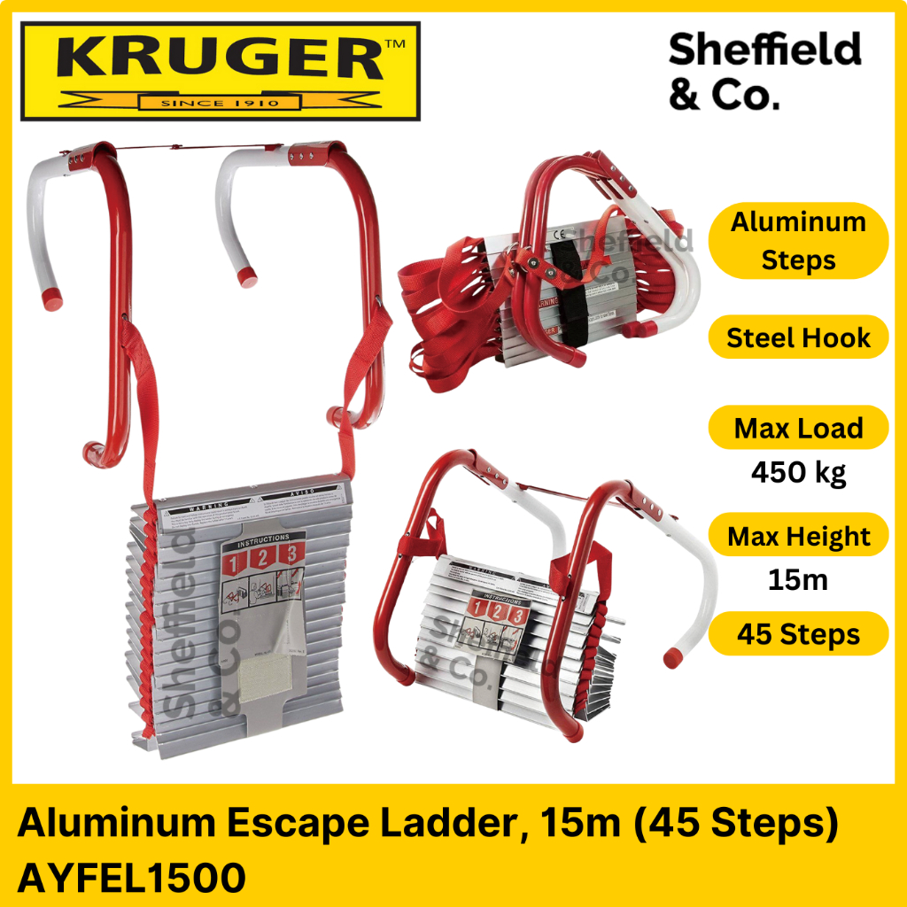 Kruger Emergency Fire Escape Ladder with Steel Hooks, 45 Steps (15m ...