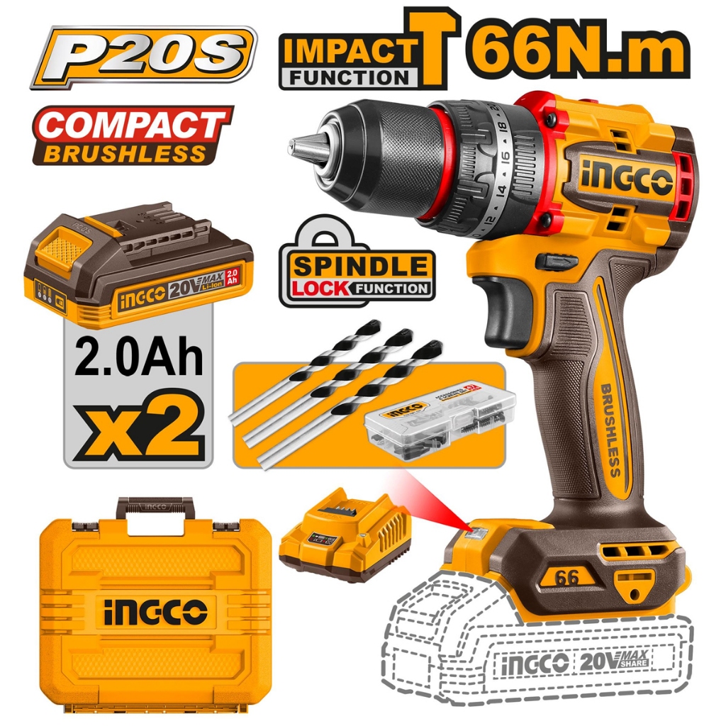 INGCO 20V Brushless Cordless Impact Drill Compact Power Tool for Heavy ...