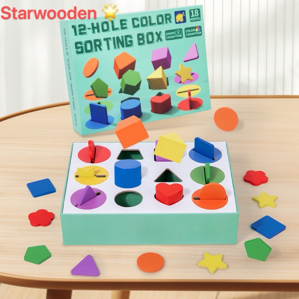 12 Hole Color Wooden Montessori Shape Recognition Toys, Fine Motor ...