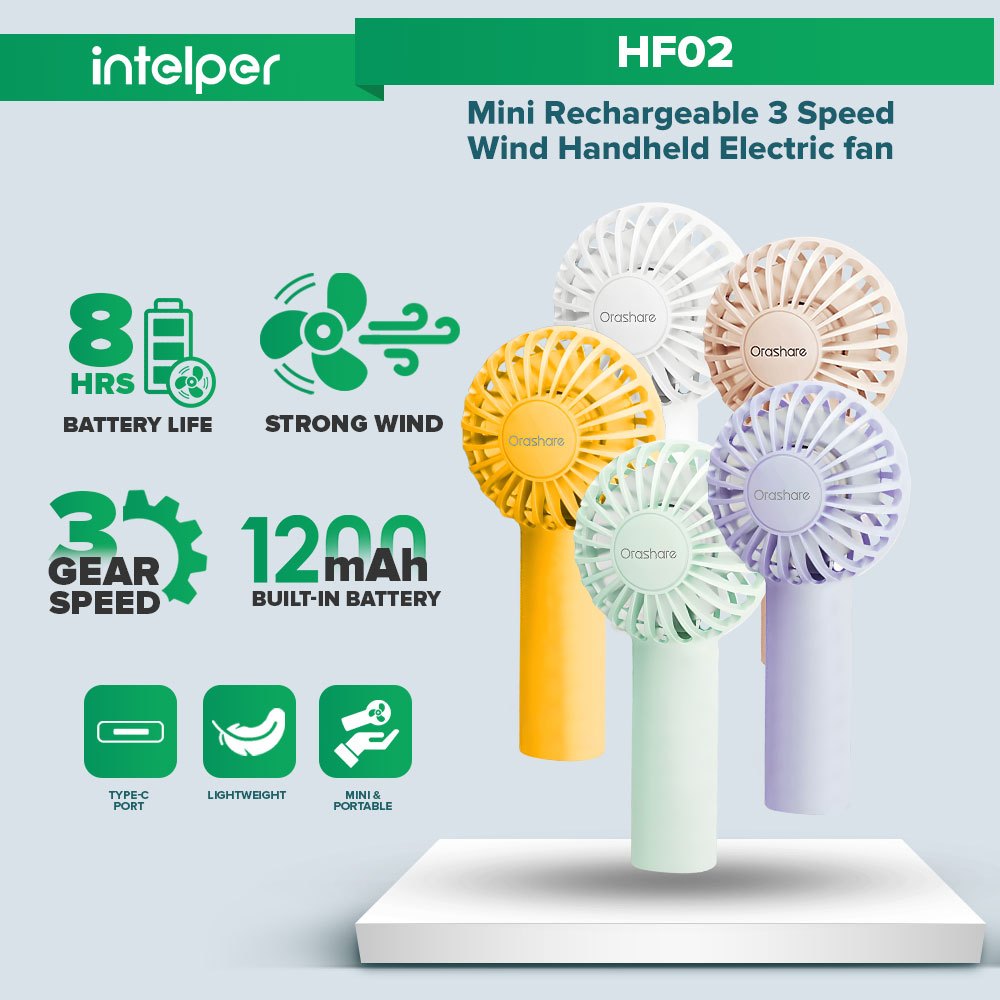 Intelper Orashare HF02 Mini Fan 1500mAh Battery Type C Rechargeable Portable USB Fan | Shopee ...