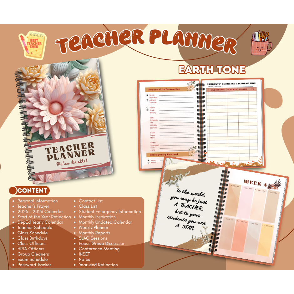 Personalized Teacher Planner - Earth Tone Hardbound Cover 152 pages ...