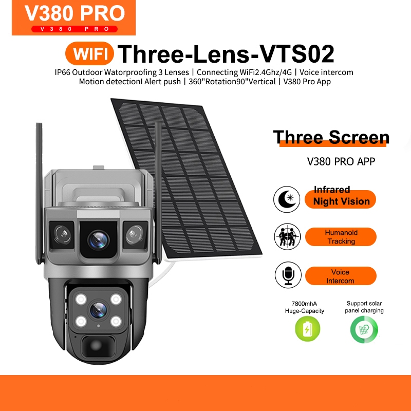 V380 Pro Three Screen Wifi CCTV Solar Outdoor Camera IP66 Waterproof 4G ...