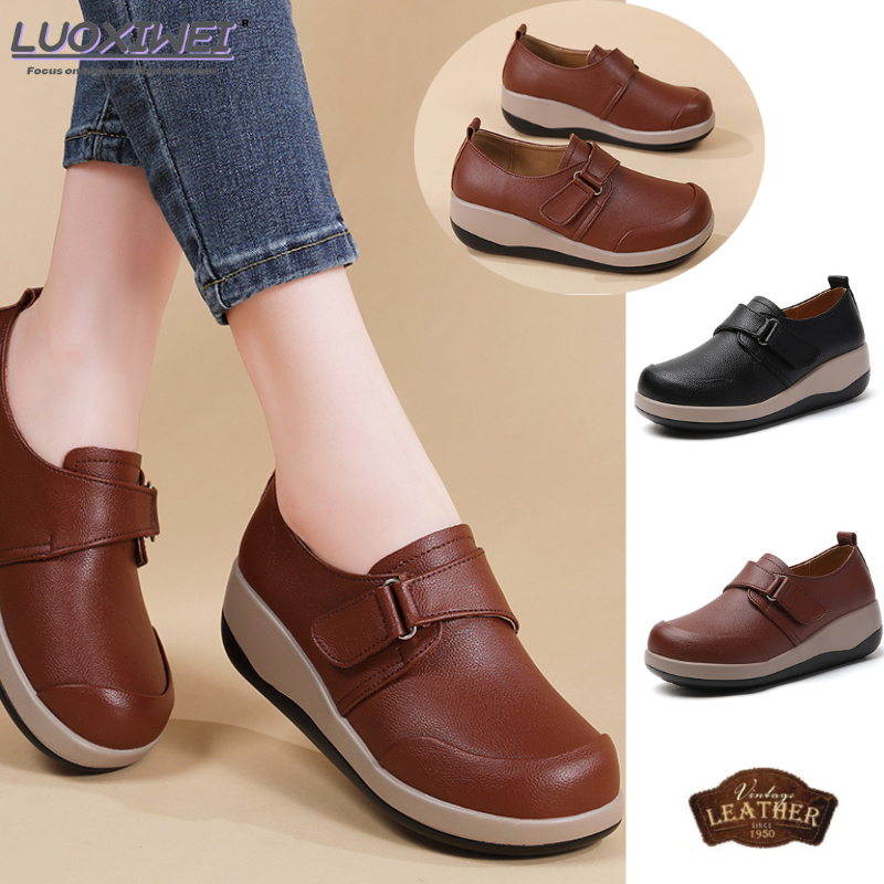 Velcro Wedge Shoes for Women Leather loafers Flat Shoes Topsider ...