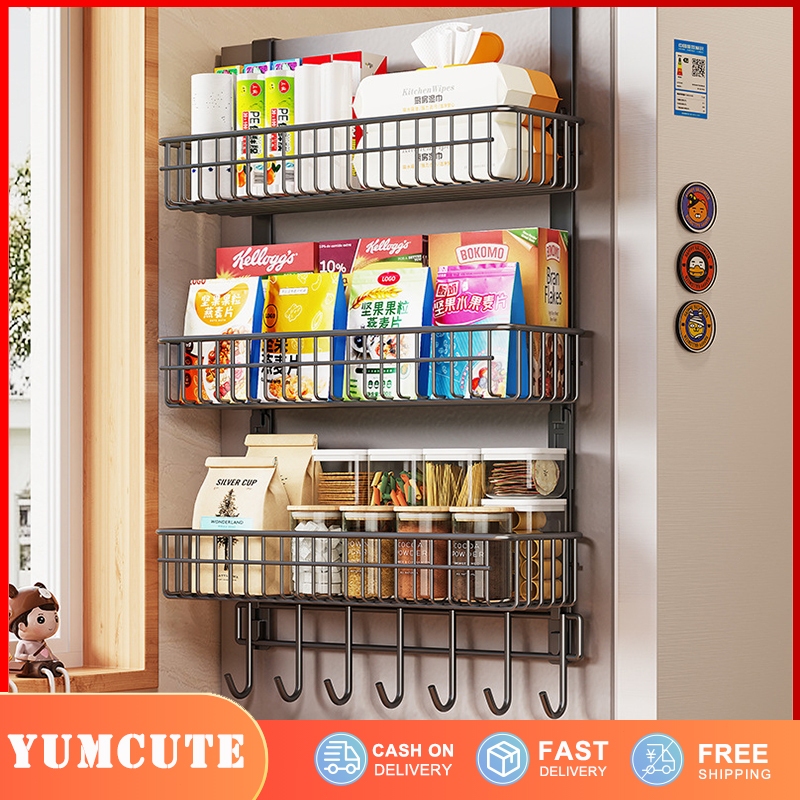 Kitchen Refrigerator Side 3-layer Shelf with Hooks Table Side Storage ...