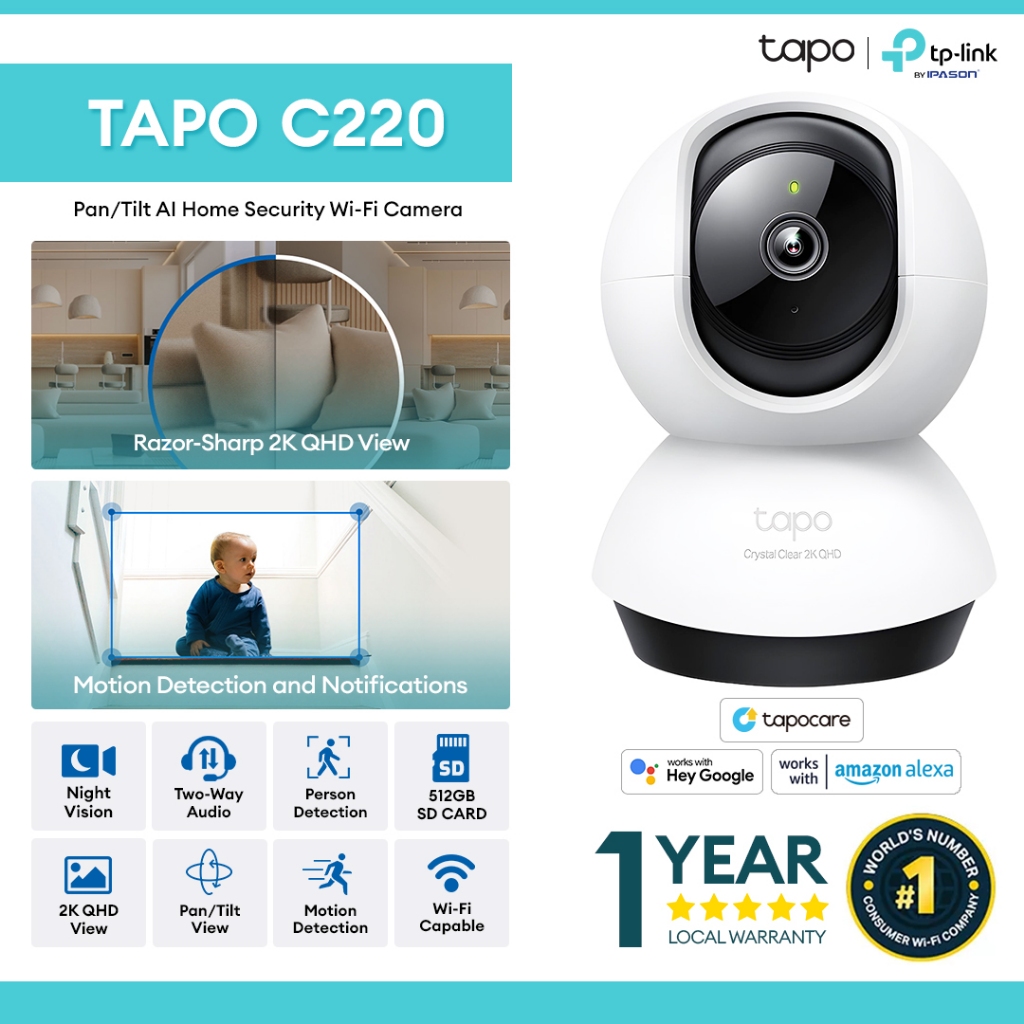 TP-Link Tapo C220 2K 4MP QHD 1440p Pan/Tilt AI Home Wi-Fi Security Camera Home CCTV Night Vision ...