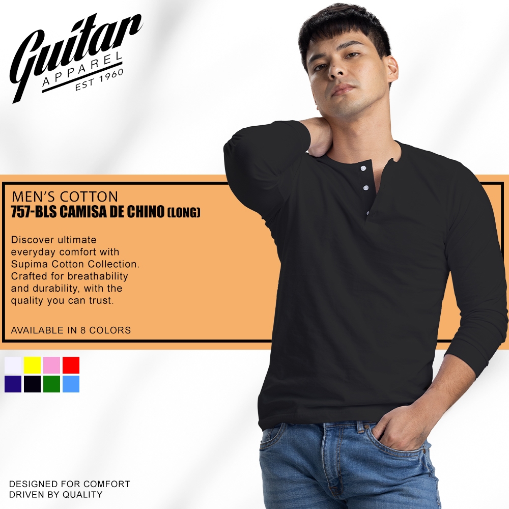 Guitar Apparel Men Button Camisa De Chino Henley Long Sleeve (Black ...
