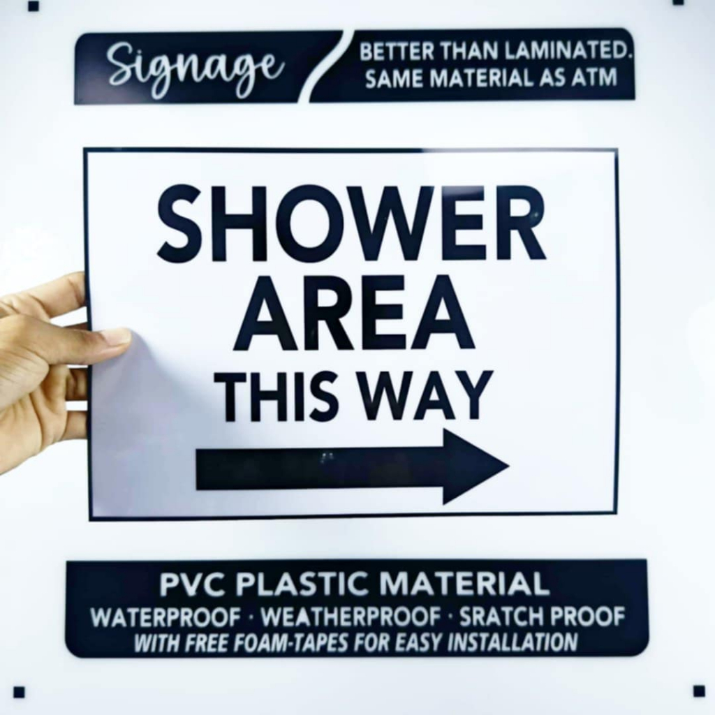 SIGNAGE - SHOWER AREA THIS WAY - RIGHT ARROW - PVC PLASTIC MATERIAL ...