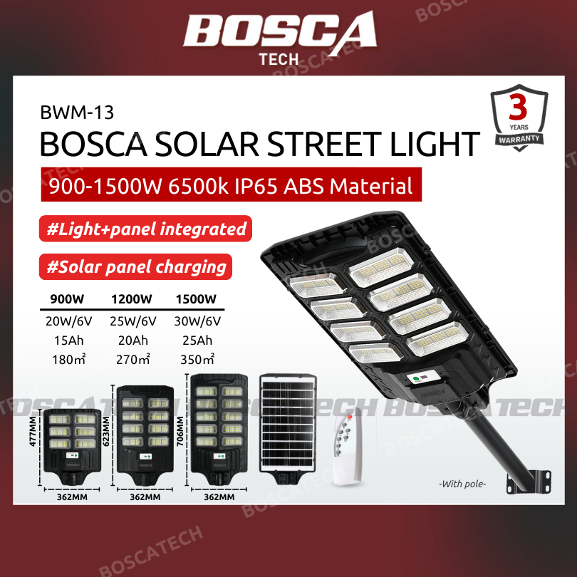 Bosca Solar Street Light BWM-13 Series 900W 1200W & 1500W IP65 Outdoor ...