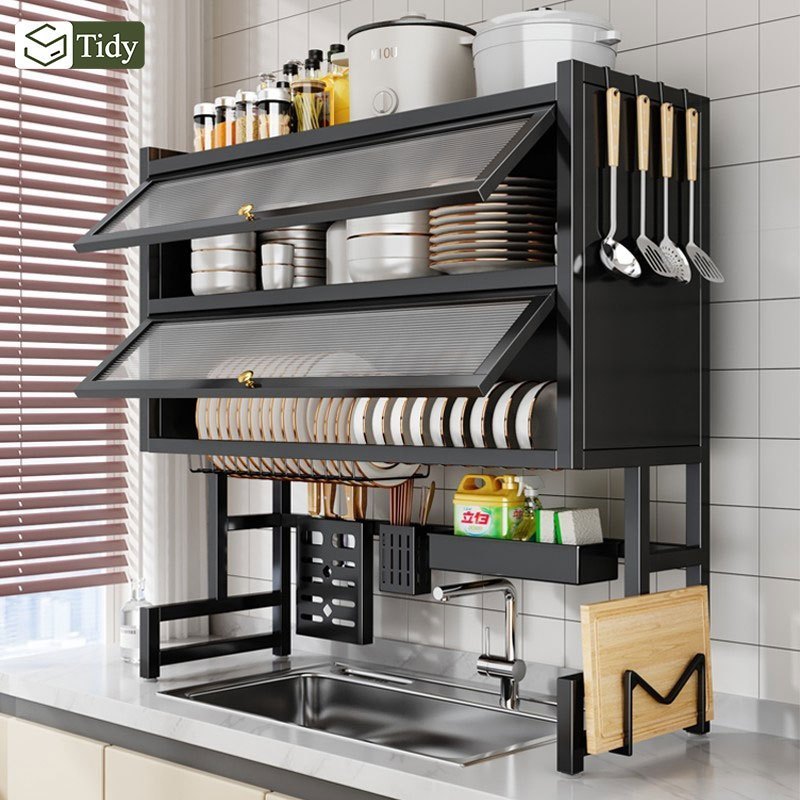 TIDY Dish Cabinet Rack Metallic Dustproof Rack With Cabinet Door Multi ...