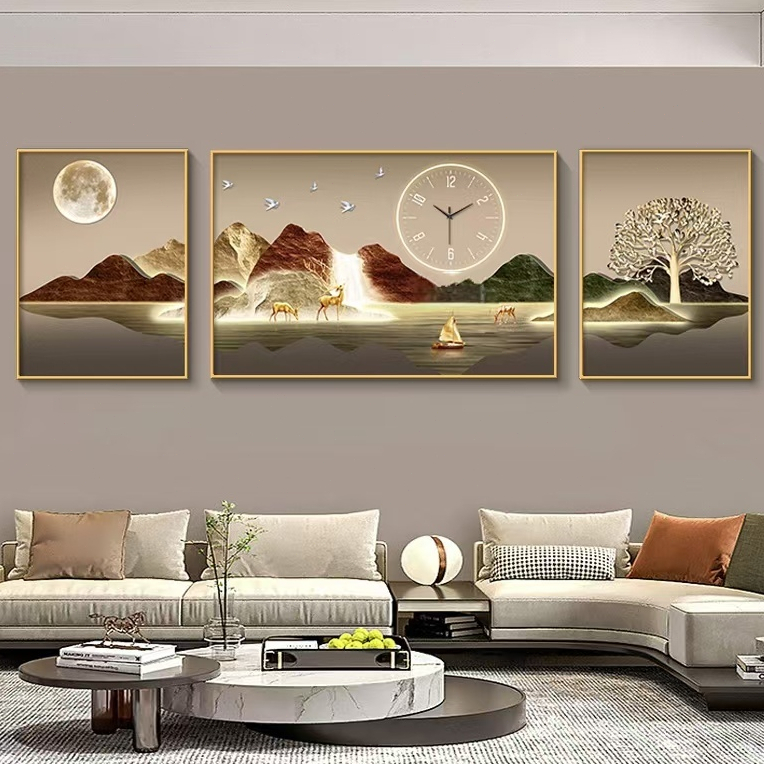 Vintage 3pcs living room triptych clocks mural painting wall clock ...