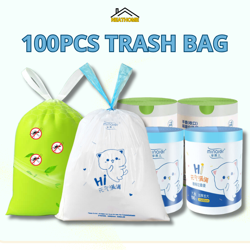 100pcs Roll Drawstring Garbage Bag Thickened Automatic Closing Kitchen ...
