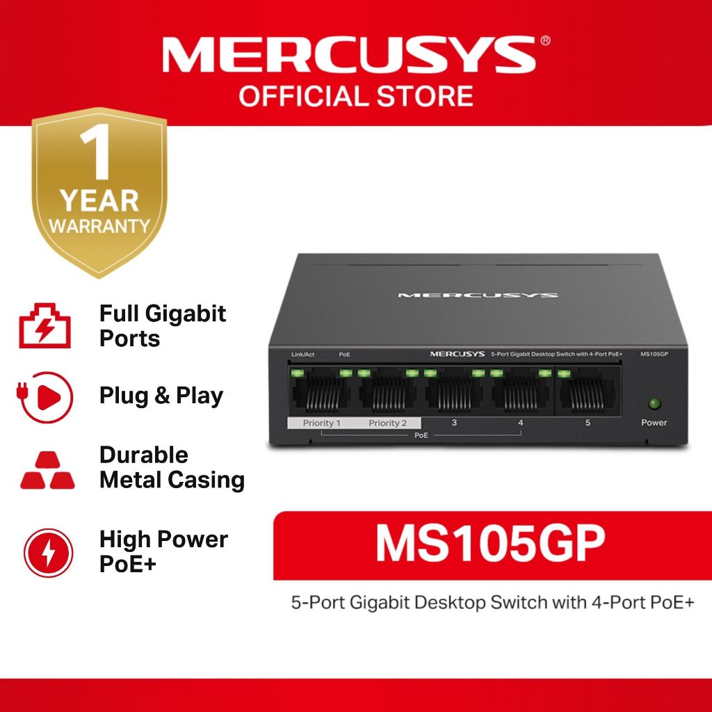 Mercusys Official | MS105GP | 5-Port | Gigabit | Network | Desktop ...