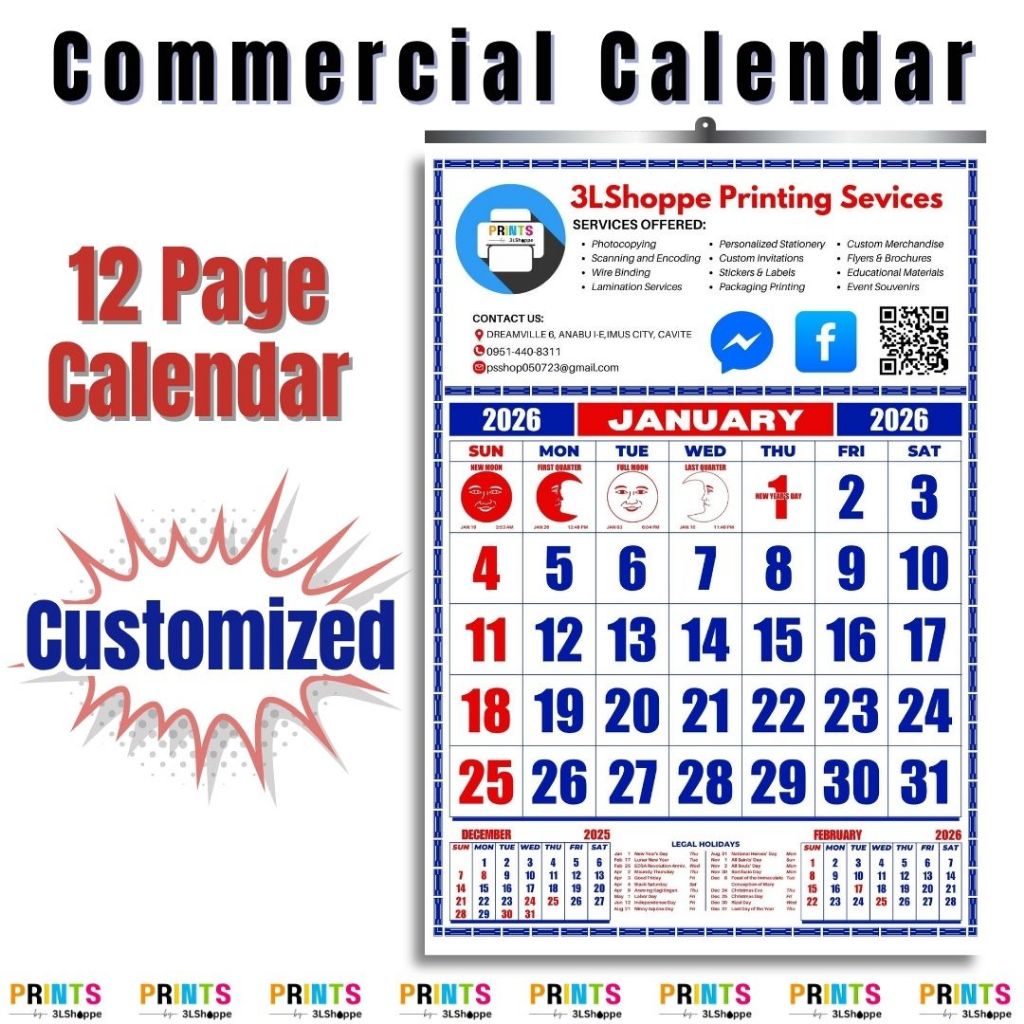 12 Page 2026 Commercial Calendar Customized with Metal Clip Long/Folio ...