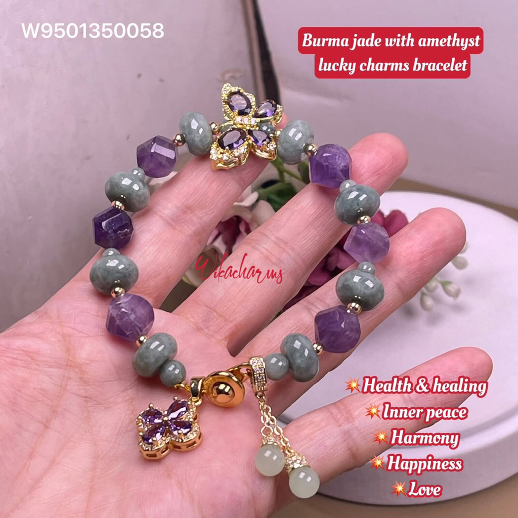 (wikacharms) burma jade with amethyst all in one lucky charms bracelet ...