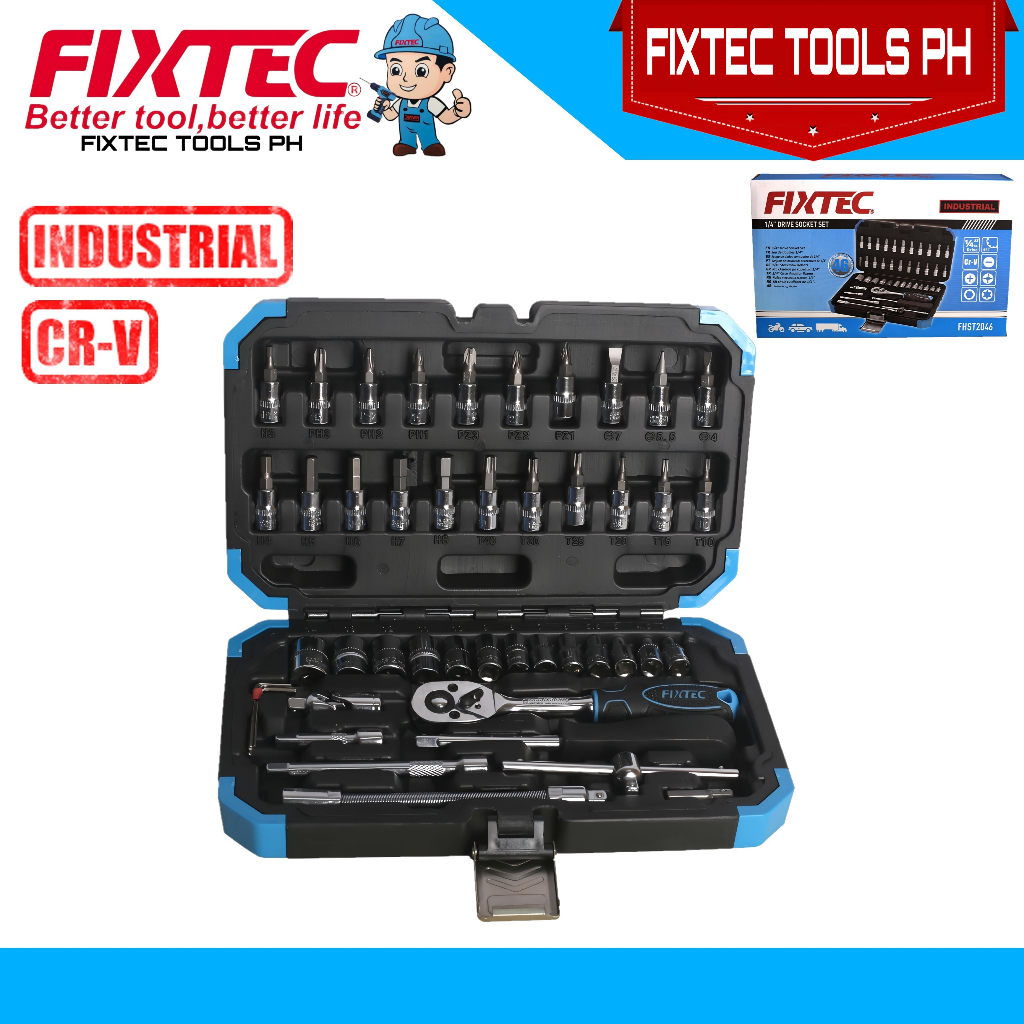 FIXTEC 46PCS Socket Ratchet Wrench Set (1/4" Drive) Mechanic Tool Set ...