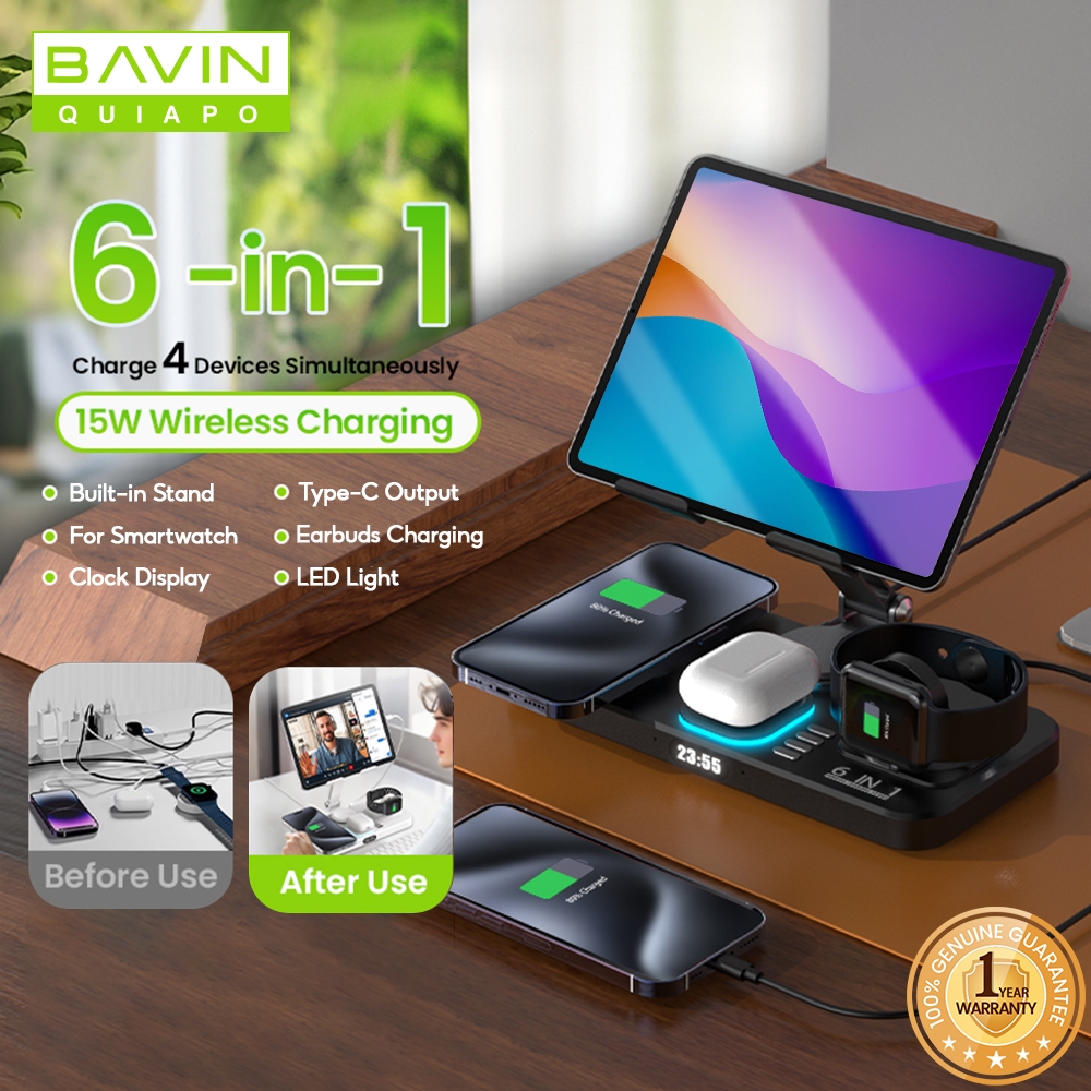 BAVIN PS87 6in1 Magnetic Wireless Charger Stand 15W w/ Clock, LED, for ...