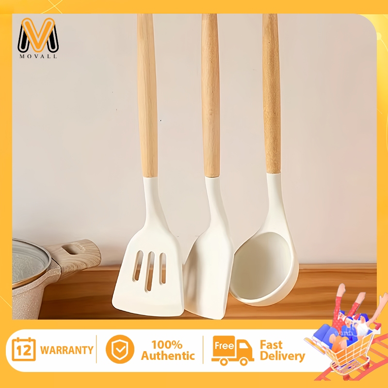 Movall 3PCS White Silicone Kitchenware Cooking Utensils Set Wooden ...