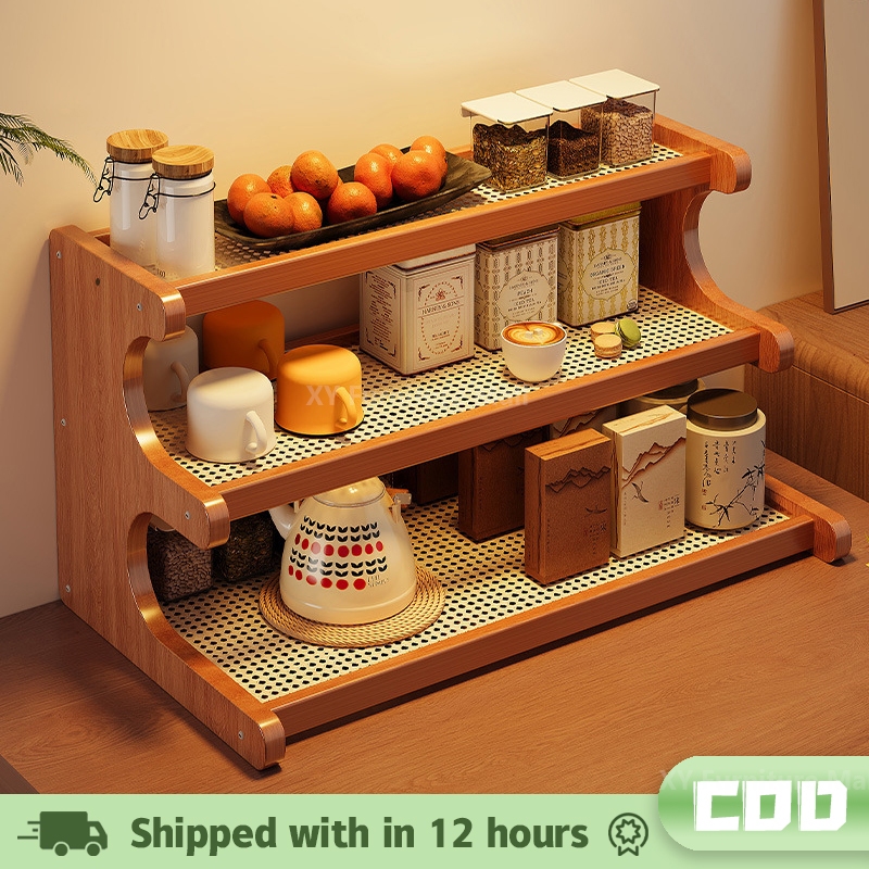 Wooden Double-Layer Table Shelf Rattan Storage Rack oStorage Rack ...