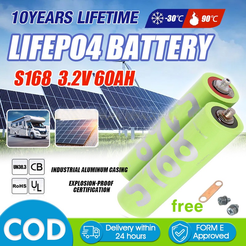 S168 LifePo4 battery 3.2v 60Ah with Screws and Busbar Cylindrical For ...