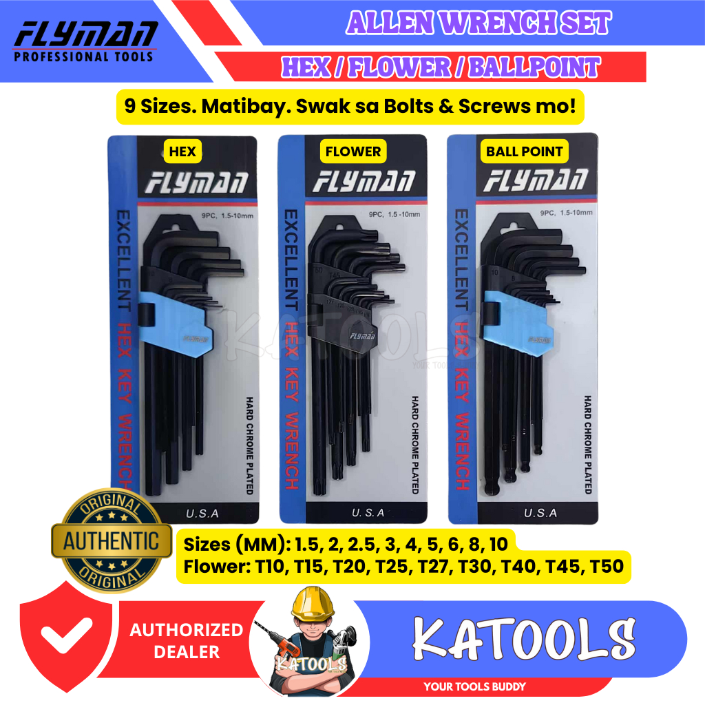 KATOOLS - FLYMAN Allen Key Wrench 9pcs Long 7 Inch Set (HEX, BALLPOINT ...