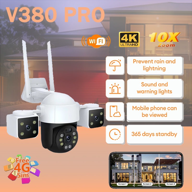 Three Lens 4G Sim/Wifi CCTV Camera V380 Pro Connect Cellphone Two-Way ...