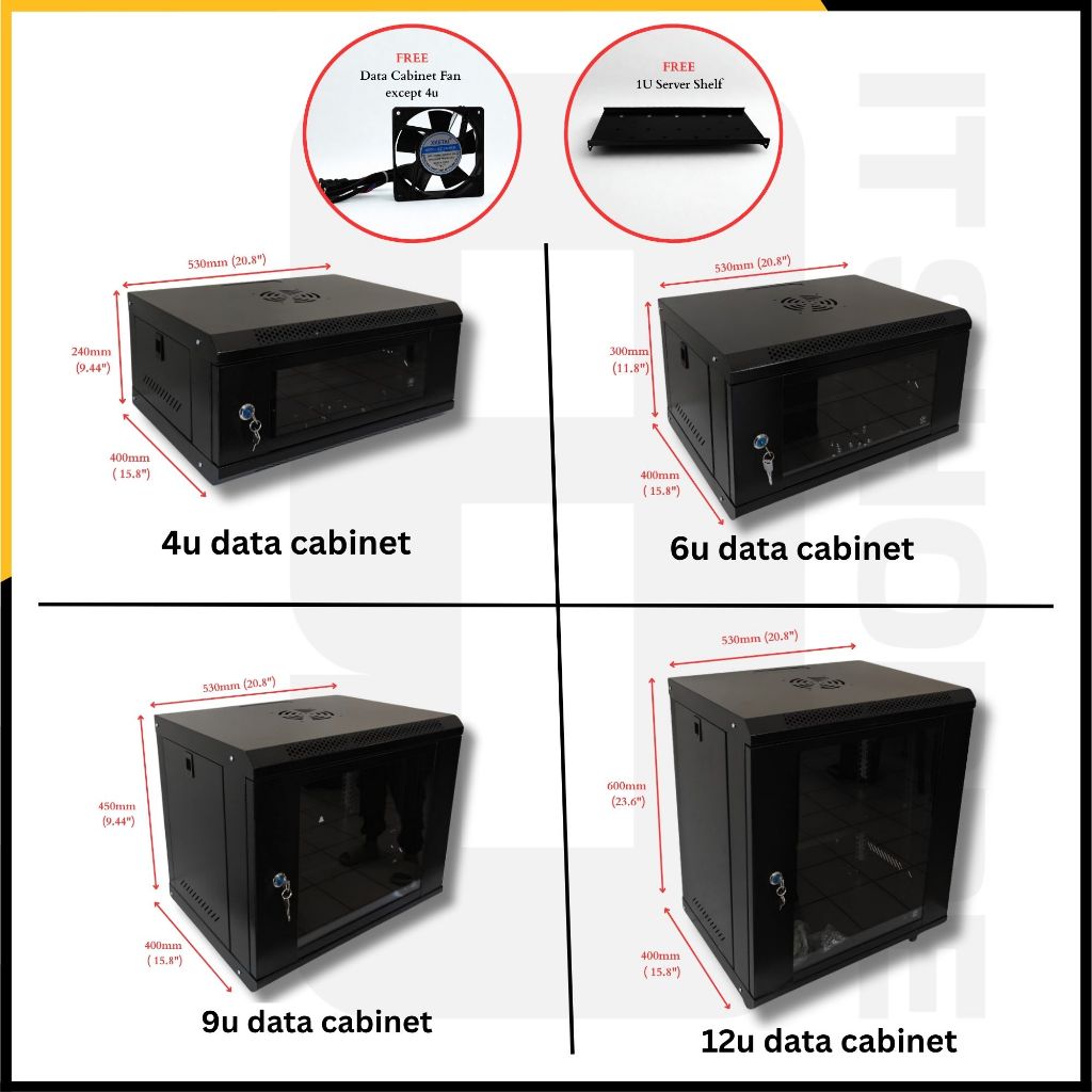 4U / 6U / 9U / 12U Data Cabinet /FREE FAN AND SHELF/ Wall Mounted for ...