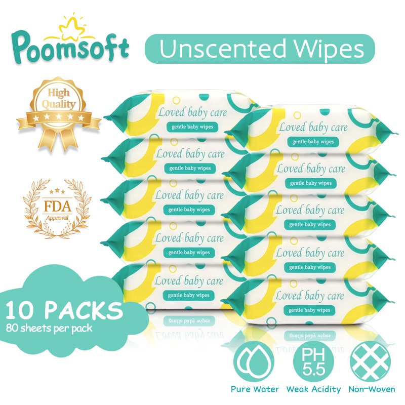 Poomsoft 10 Packs x 80 Sheet Unscented Alcohol-Free Baby Wipes Wet ...