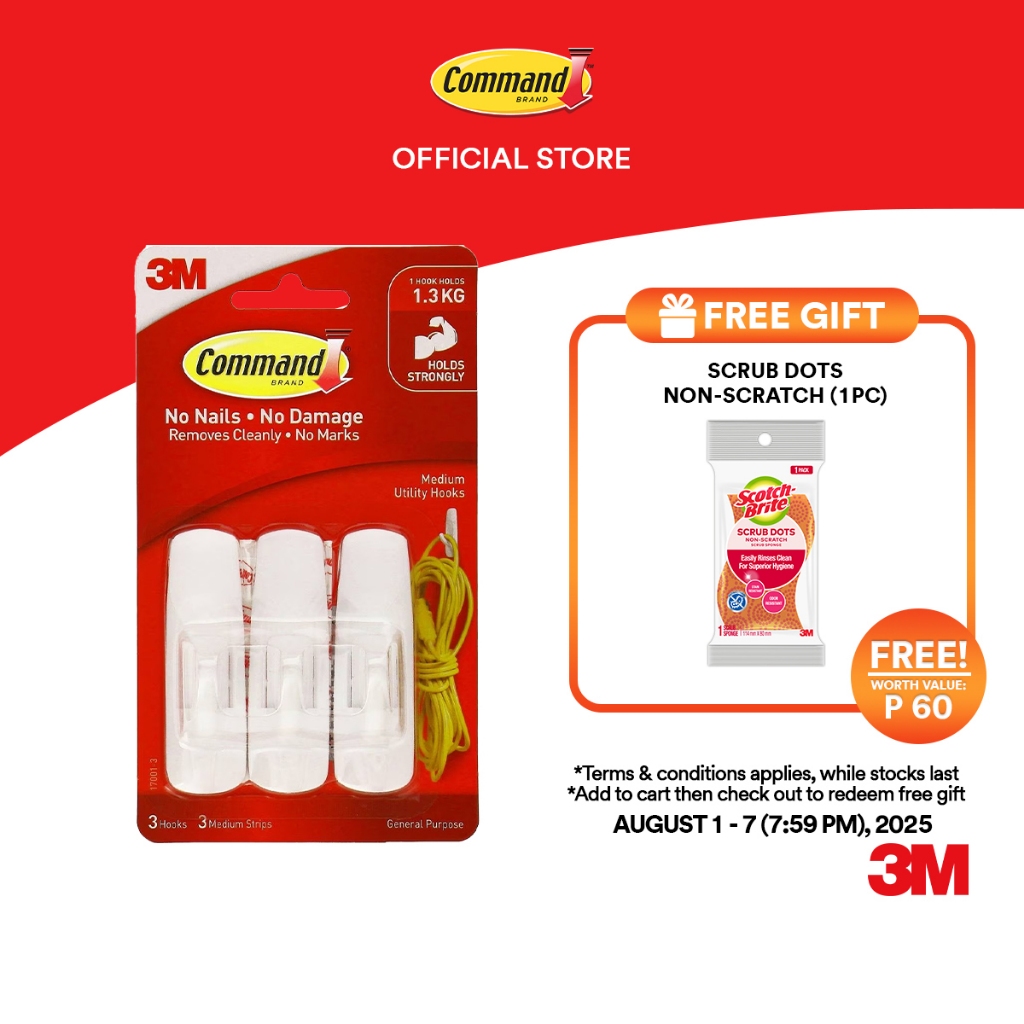 3M™ Command™ Medium Utility Hooks 17001-3, 3 Hooks + 3 Strips Holds up ...