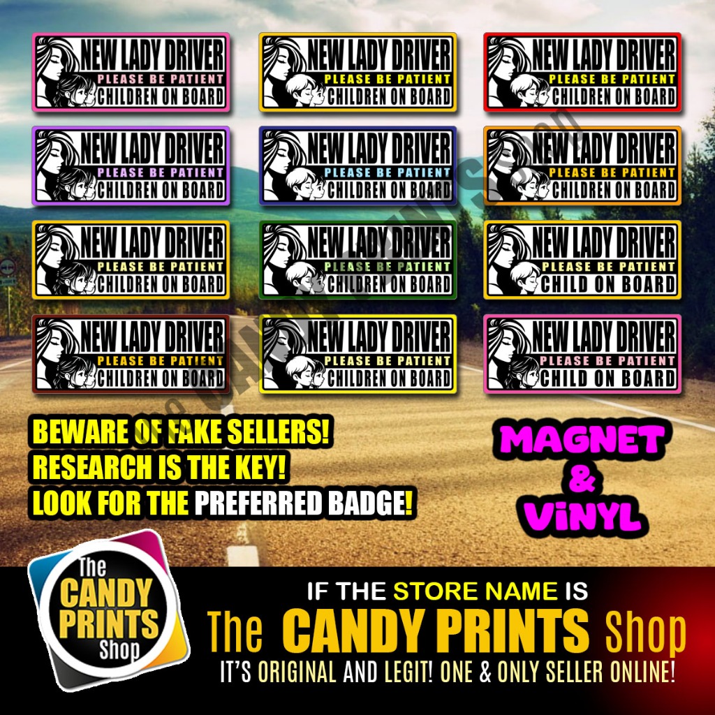 10 x 4 Magnetic & VInyl (Non-Magnetic) Car Stickers : NEW LADY DRIVER ...