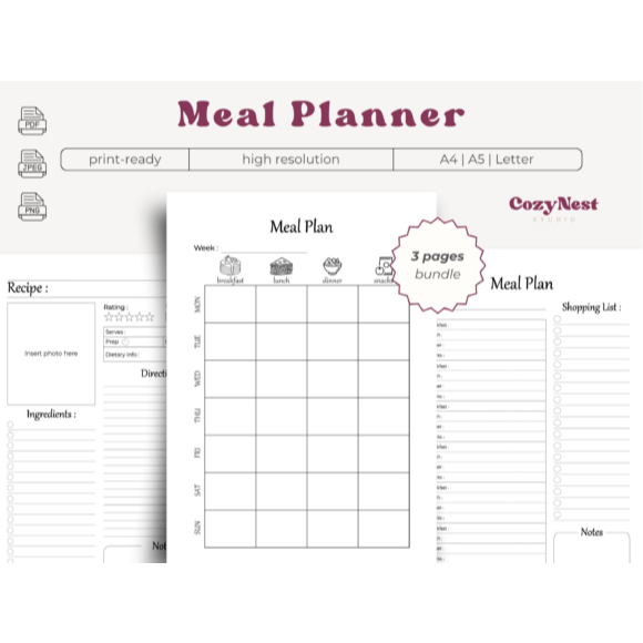 Digital Planner, Meal Planner Printable, Weekly Food Diary, Meal ...