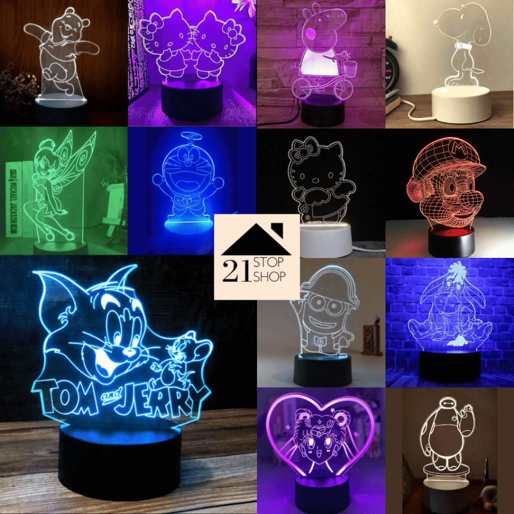 21SHOP Cartoon Characters 3D Acrylic LED Lamp Baymax/Peppa/Mario/Snoopy ...