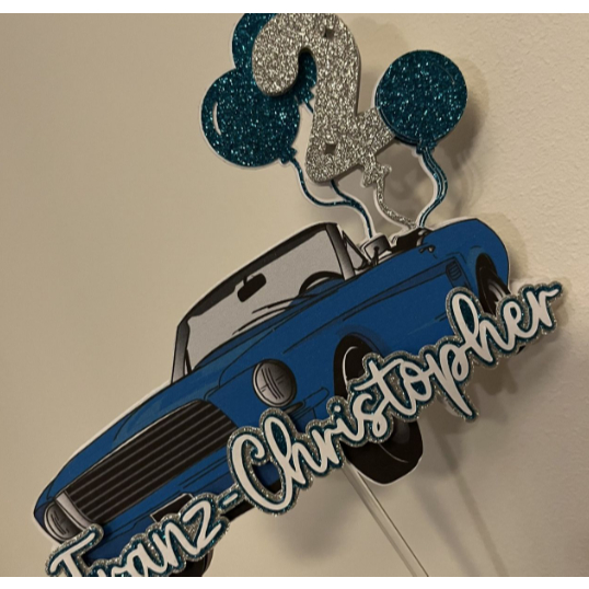 3D Blue Car Cake Topper with Balloons – Customizable with Your Name ...