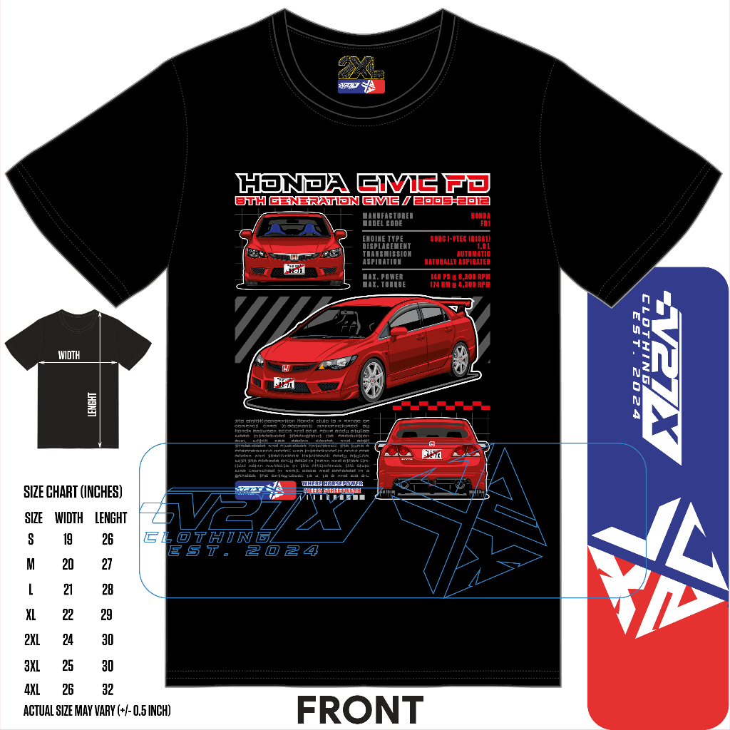 HONDA CIVIC FD SHIRT, FD1, 1.8L SOHC IVTEC, 8TH GEN CIVIC, JDM, V27X ...