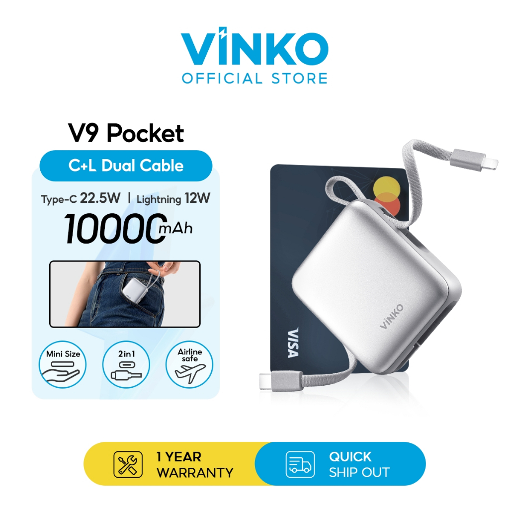 VINKO V9 Pocket Fast Charging Powerbank 10000mAh Integrated Cable 22.5W/18W Portable Type-C ...