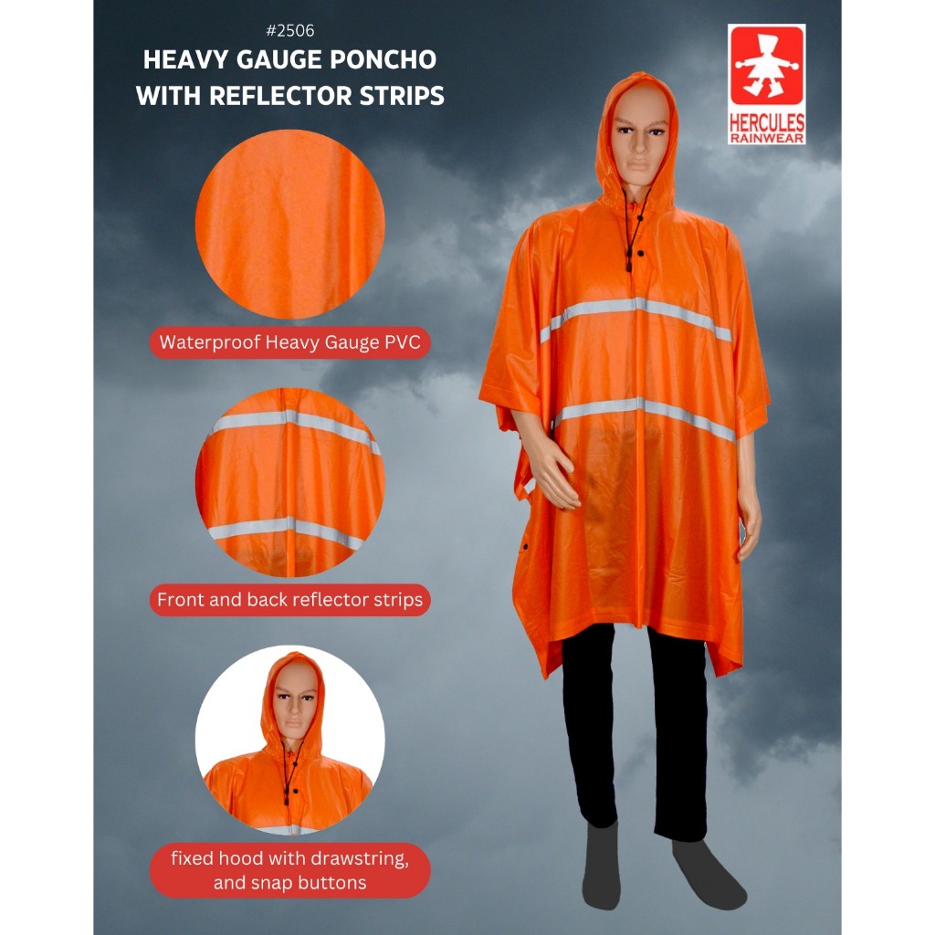 Hercules #2506 Heavy Gauge Poncho with Reflector Strips Raincoat Rain ...