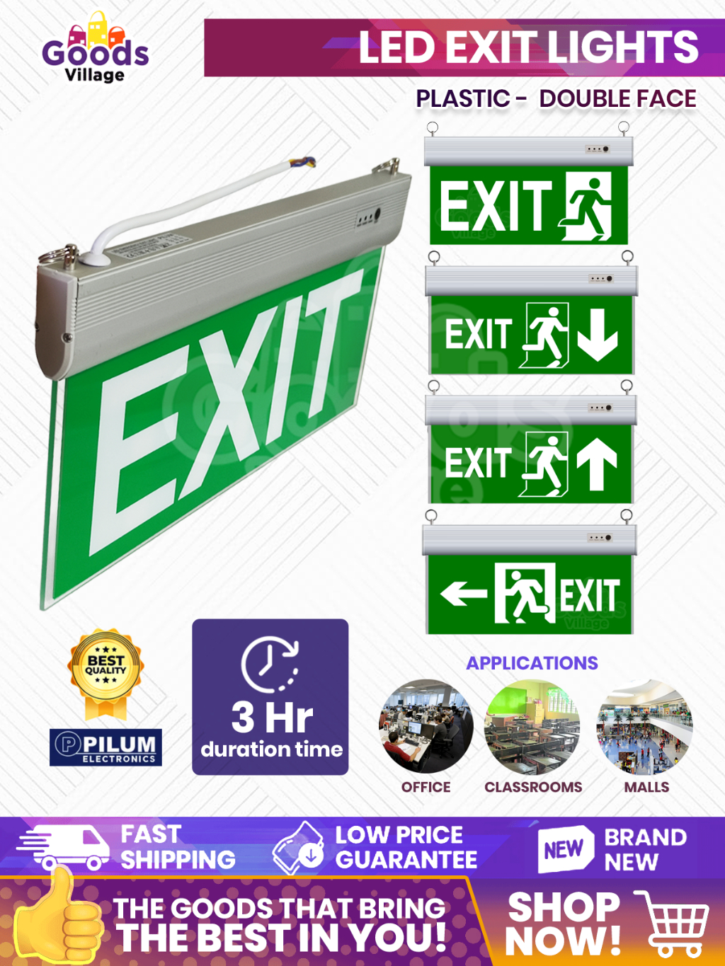 GOODS VILLAGE Emergency Exit Sign Led safety exit light Rechargeable ...