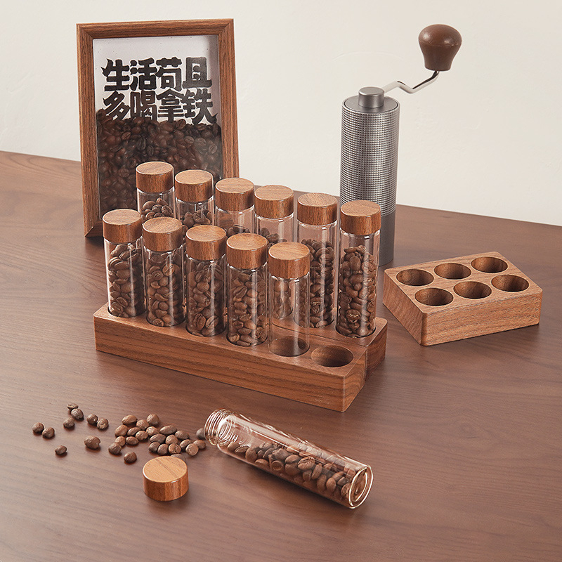 Coffee bean display stand with 12 sealed tubes, bottles, walnut lids ...